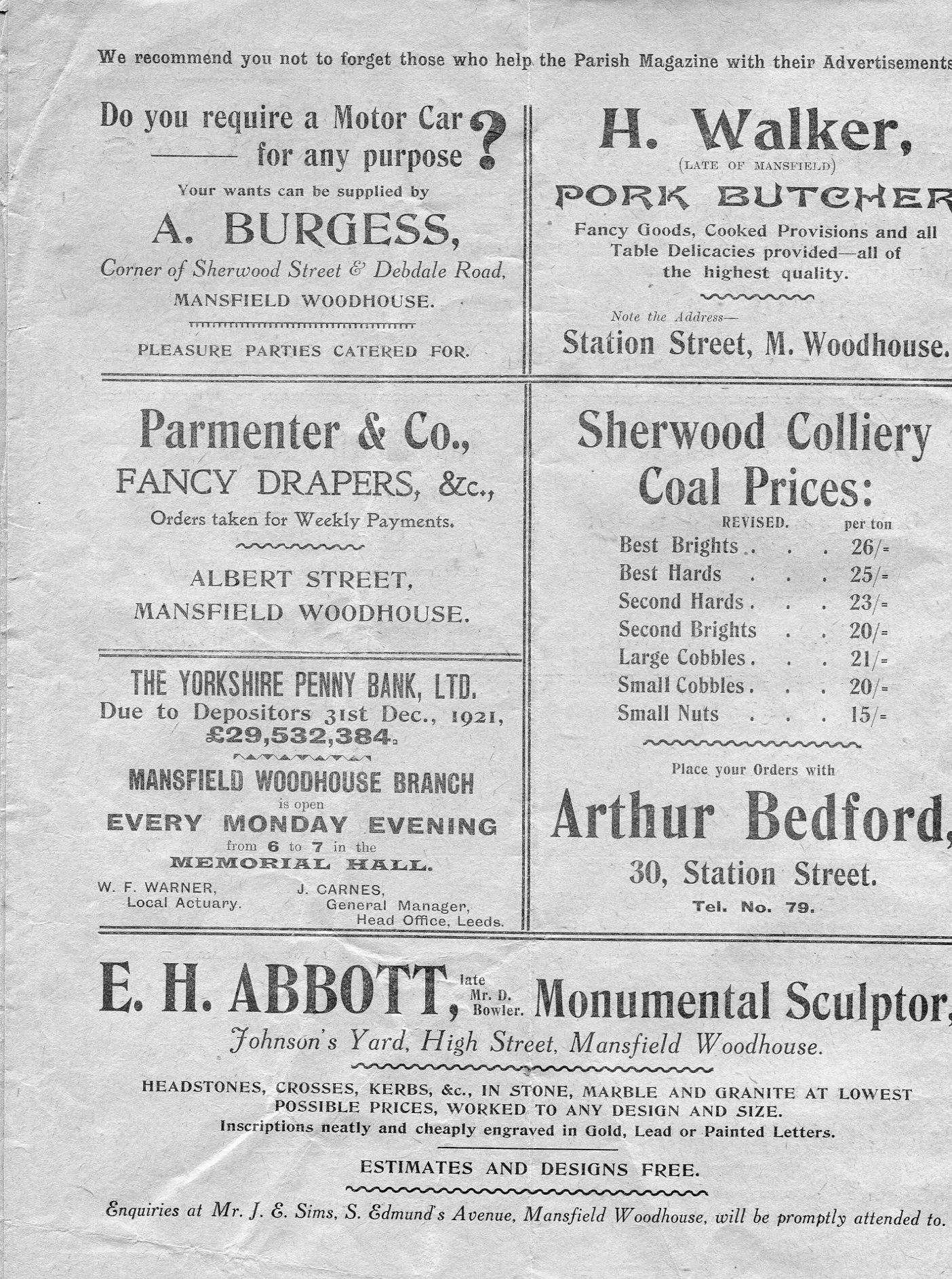Advertisements for Mansfield & Mansfield Woodhouse in 1922 ...