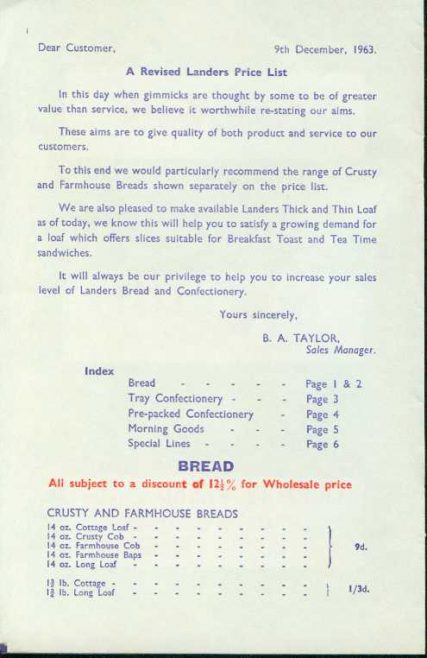 Landers Bread Price List 1963 | Shops and Retail, Mansfield Business ...